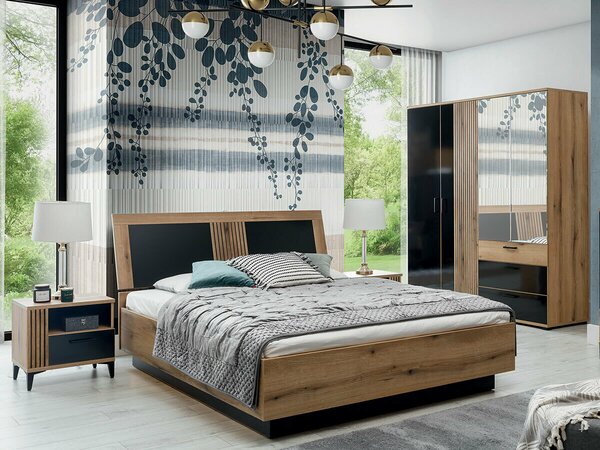 Set za spavaću sobu Camcate 125, Hrast, Sjajno crna, Vrata ormari: Klasična vrata | FAVI.hr