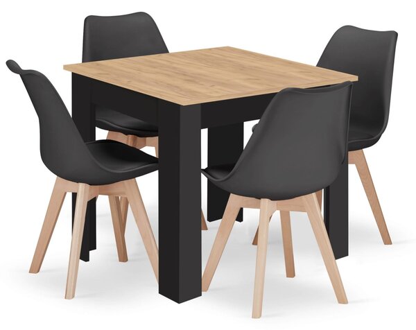 Crni blagovaonski set 1 + 4, stol MADO ARTISAN 80x80 + stolice BALI ...